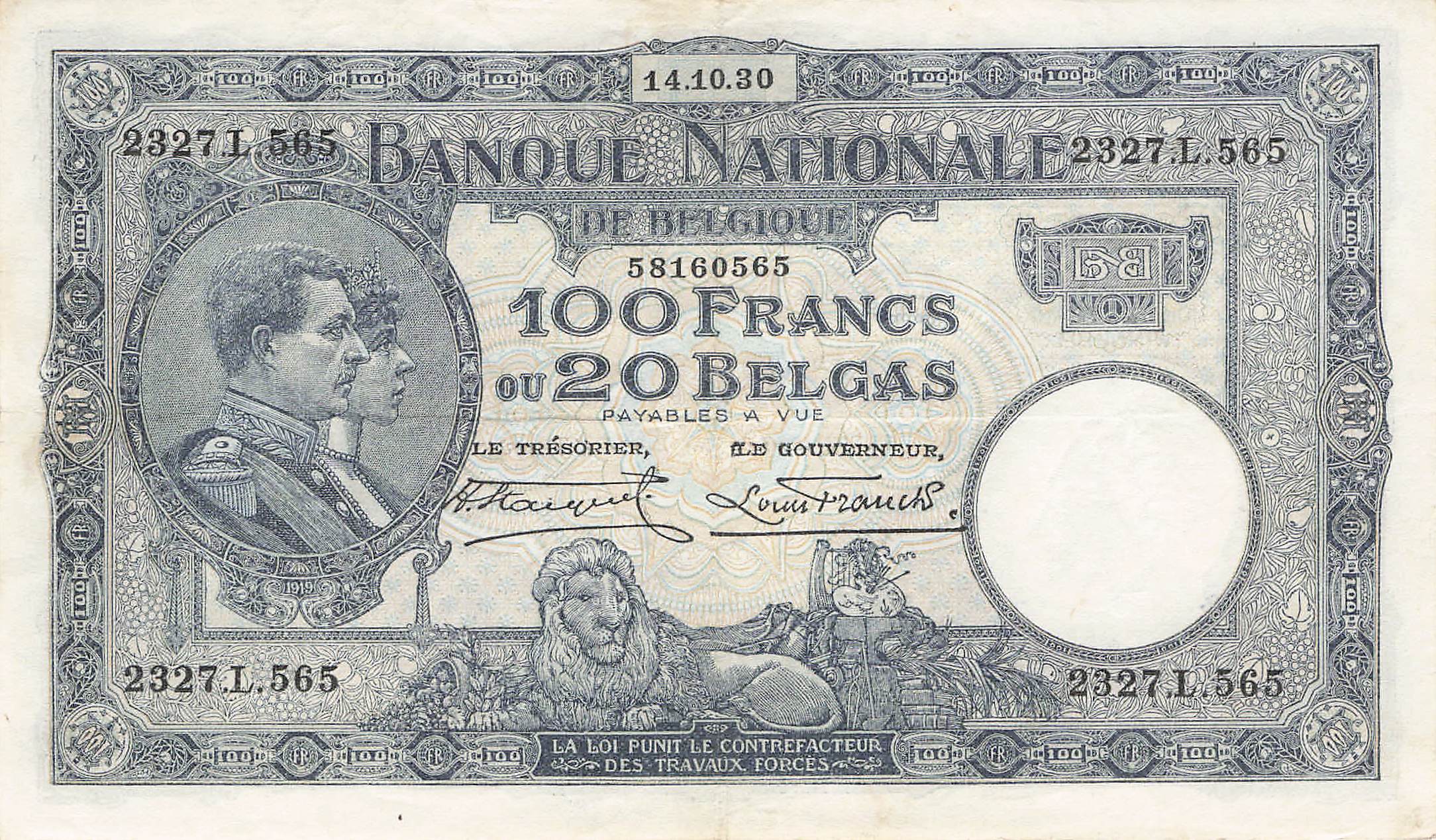 Papermoneyshop - Belgium P.102 - 100 Franc 1930 VF