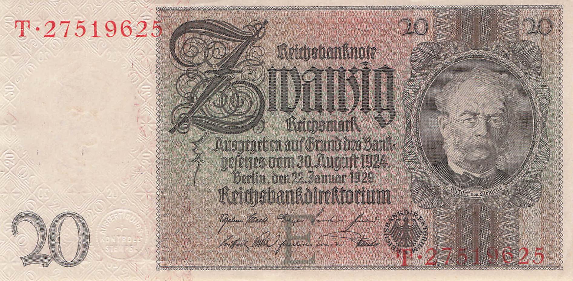 Papermoneyshop - Ro.174a E/T - 20 Mark 22.01.1929 AU