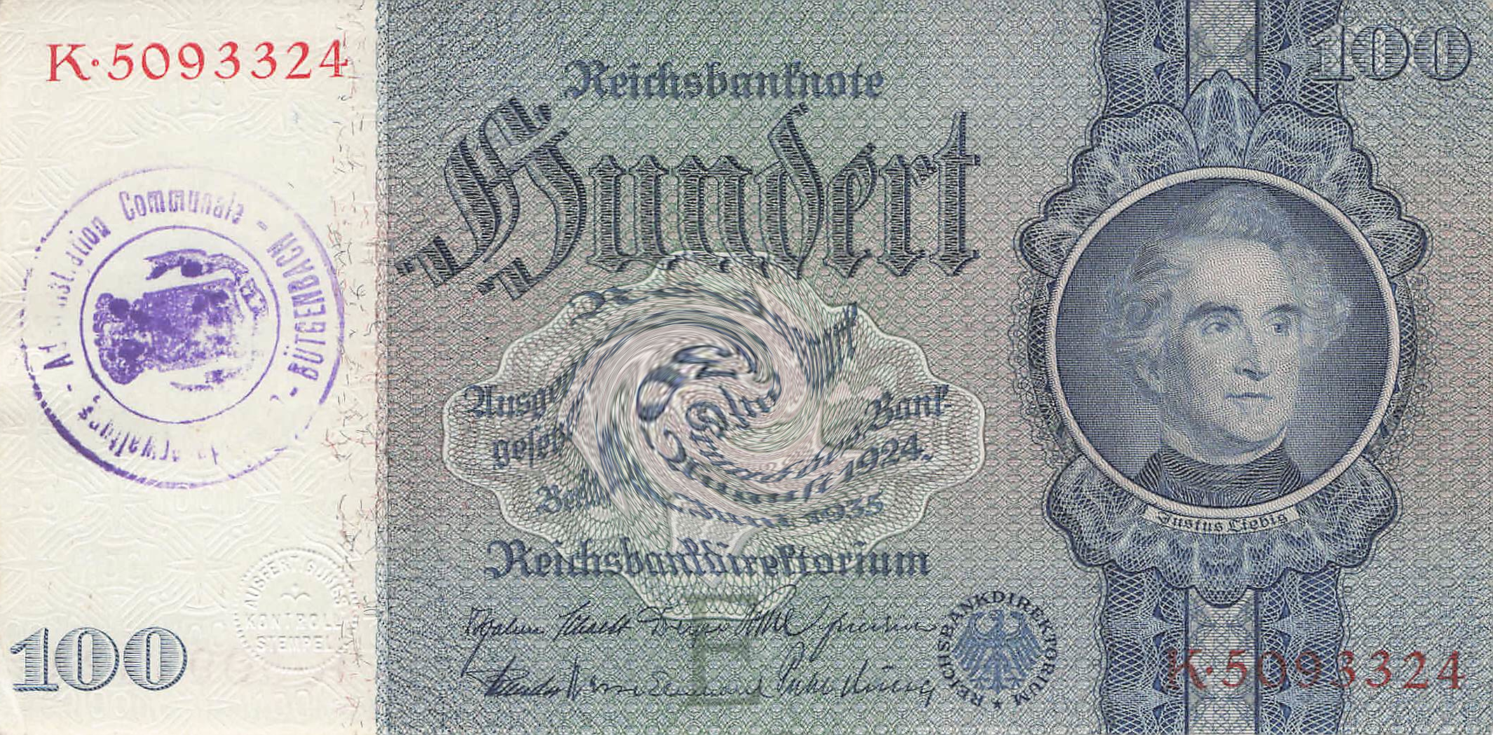Papermoneyshop - Ro.176e E/K - 100 Mark 24.06.1935 AU- Gemeindestempel